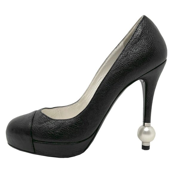 CHANEL | Shoes | Chanel Black Textured Leather Cap Toe Platform ...